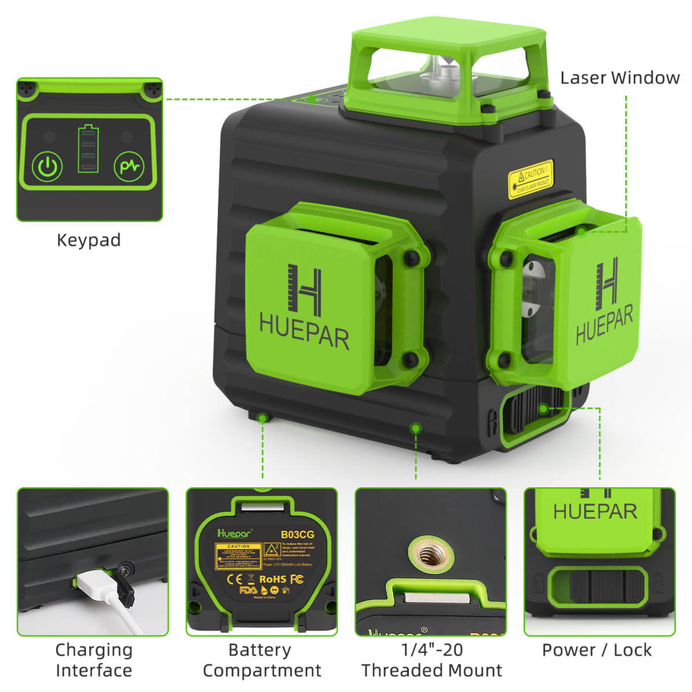 HUEPAR B03CG Pro - Cross Line Laser Level with Hard Carry Case - 3x360 ...